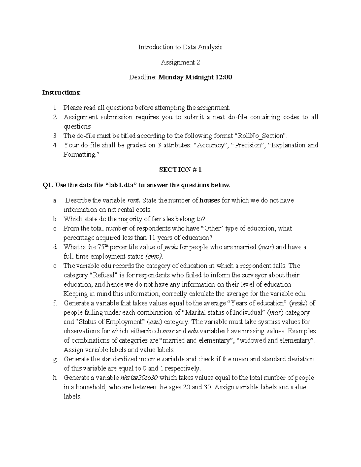 Assignment 2 - Introduction to Data Analysis Assignment 2 Deadline: Monday Midnight 12: - Studocu
