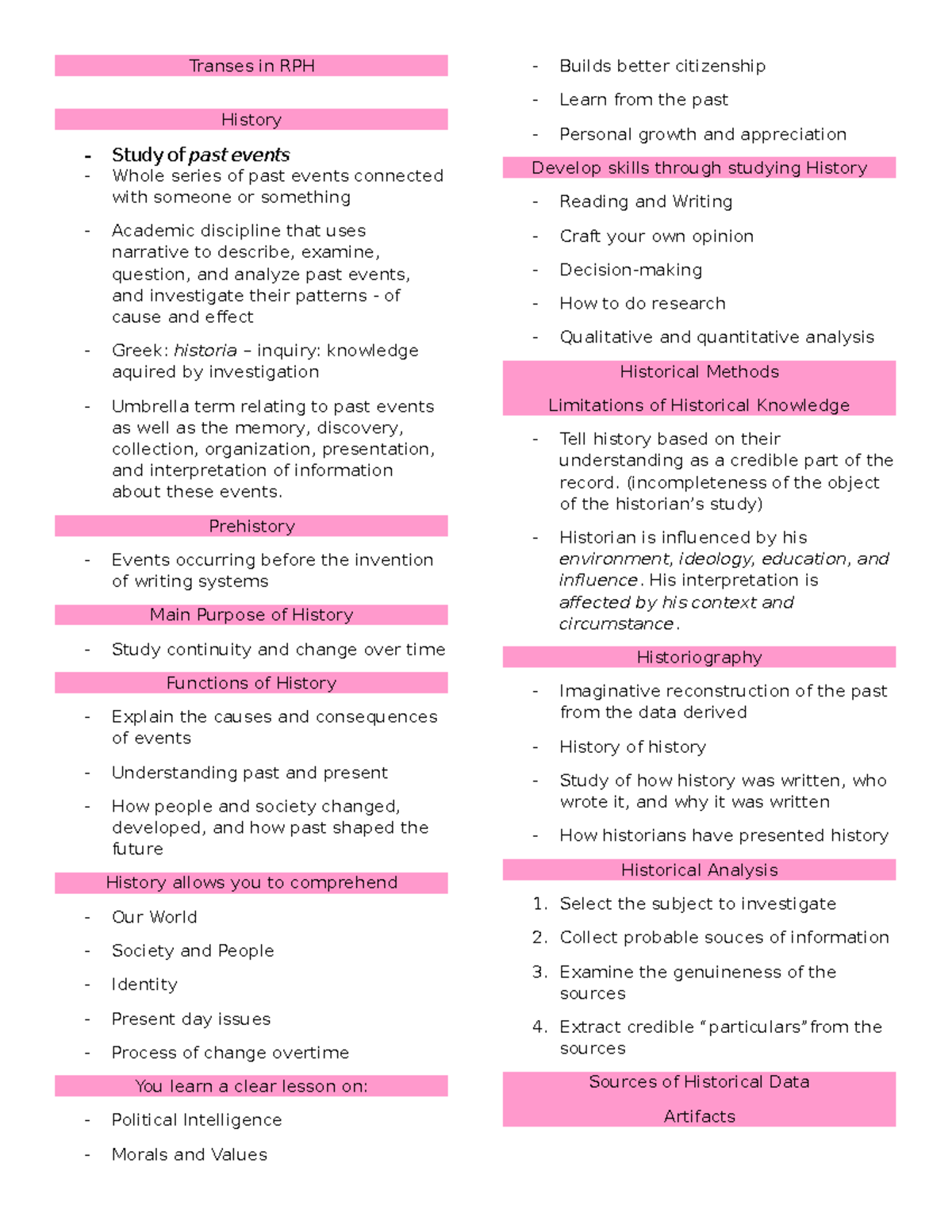 Transes in RPH - Transes in RPH History - Study of past events Whole ...