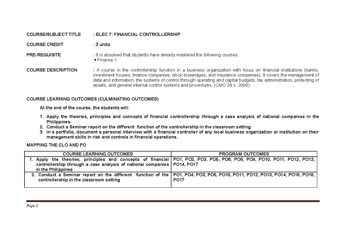 Financial Controllership Syllabus - COURSE/SUBJECT TITLE : ELEC 7 ...