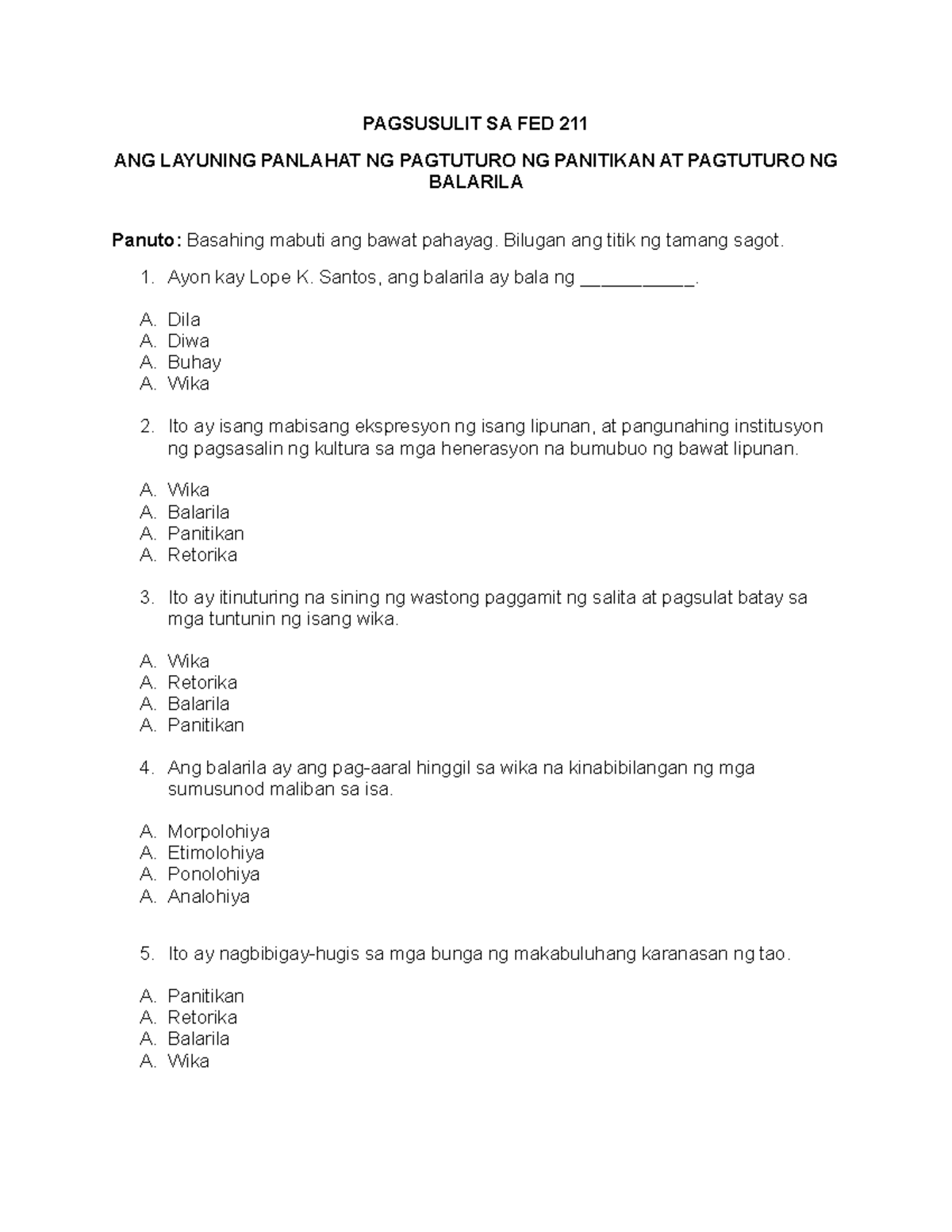 Maikling Pagsusulit sa FED 211 - PAGSUSULIT SA FED 211 ANG LAYUNING ...