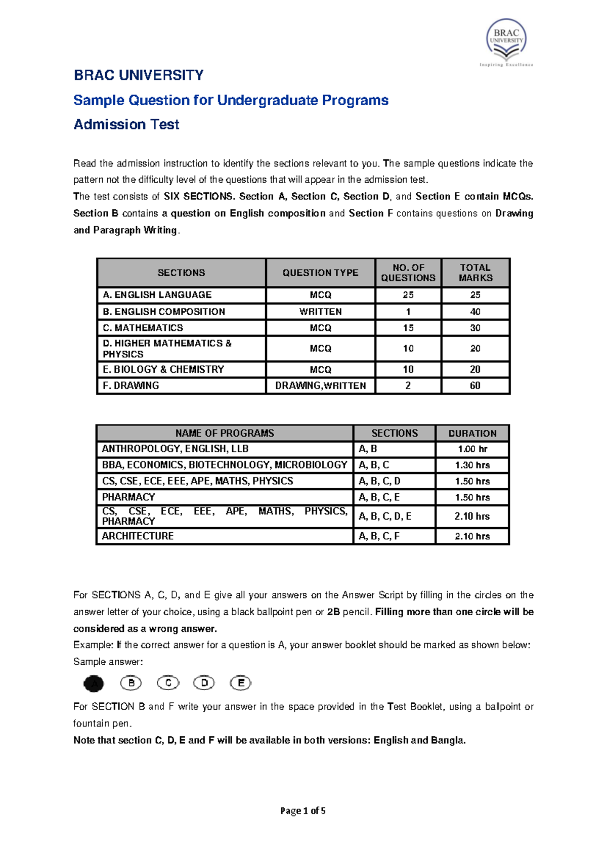 Sample Question UG Updated in Fall 2019 - BRAC UNIVERSITY Sample ...