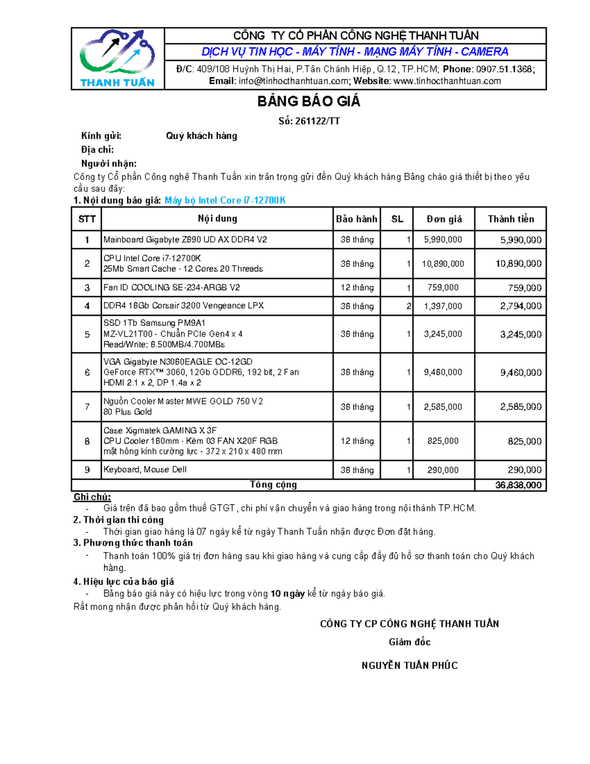 BG-TT- Erorack-PC Video (option 2) - STT Bảo hành SL Đơn giá Thành tiền ...