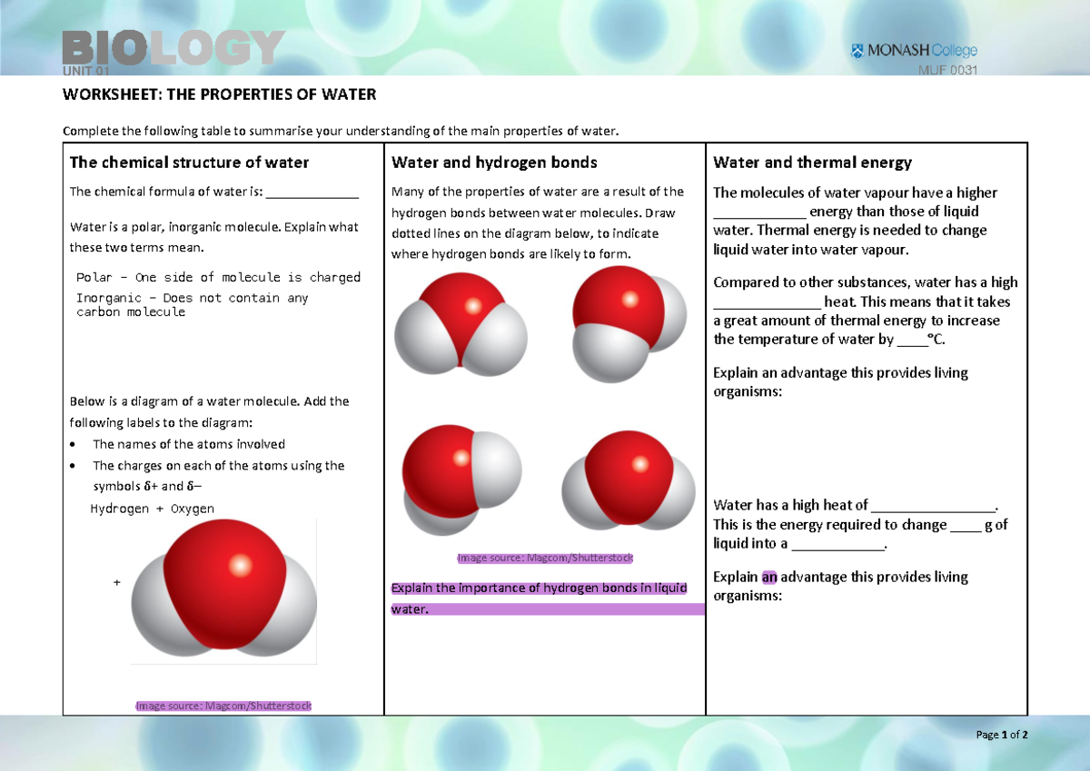 Properties of water - biio - 1 Page 1 of 2 MUF 003 1 BIOLOGY UNIT 0 1 ...