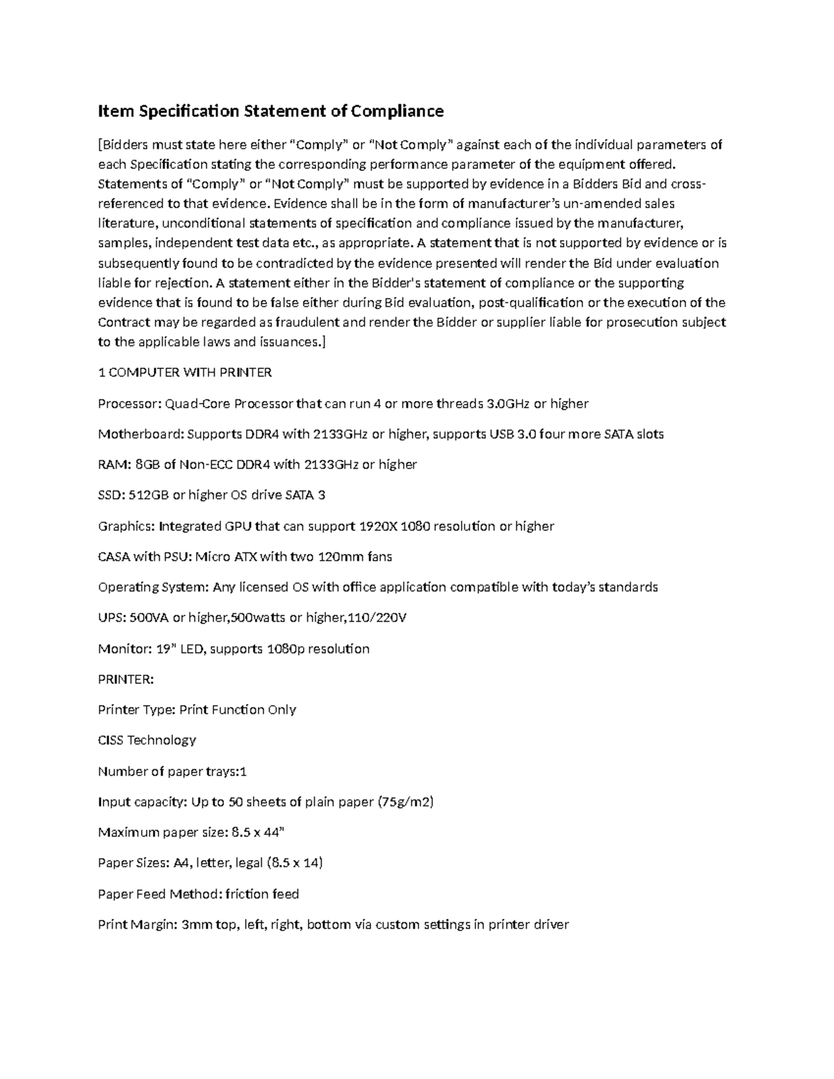 Computer System - Item Specification Statement of Compliance [Bidders ...