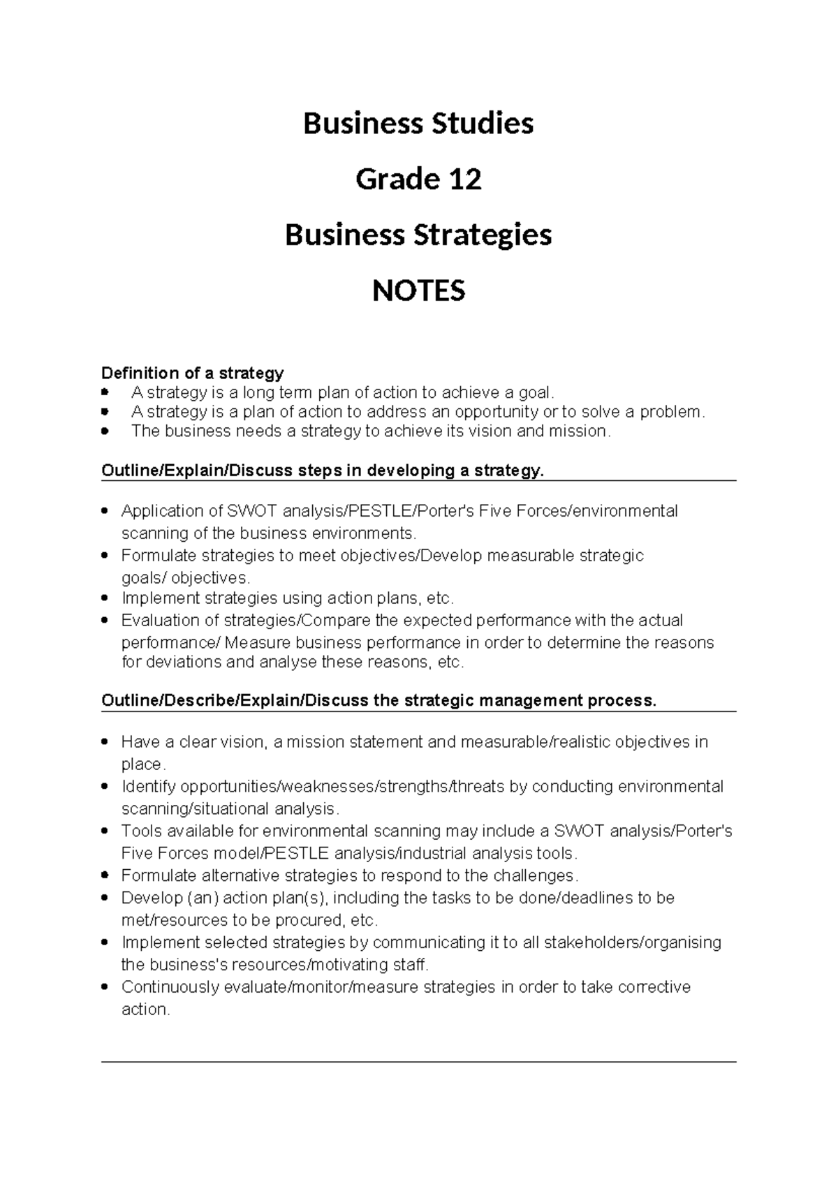 Business Strategies grade 12 Notes - Business Studies Grade 12 Business ...