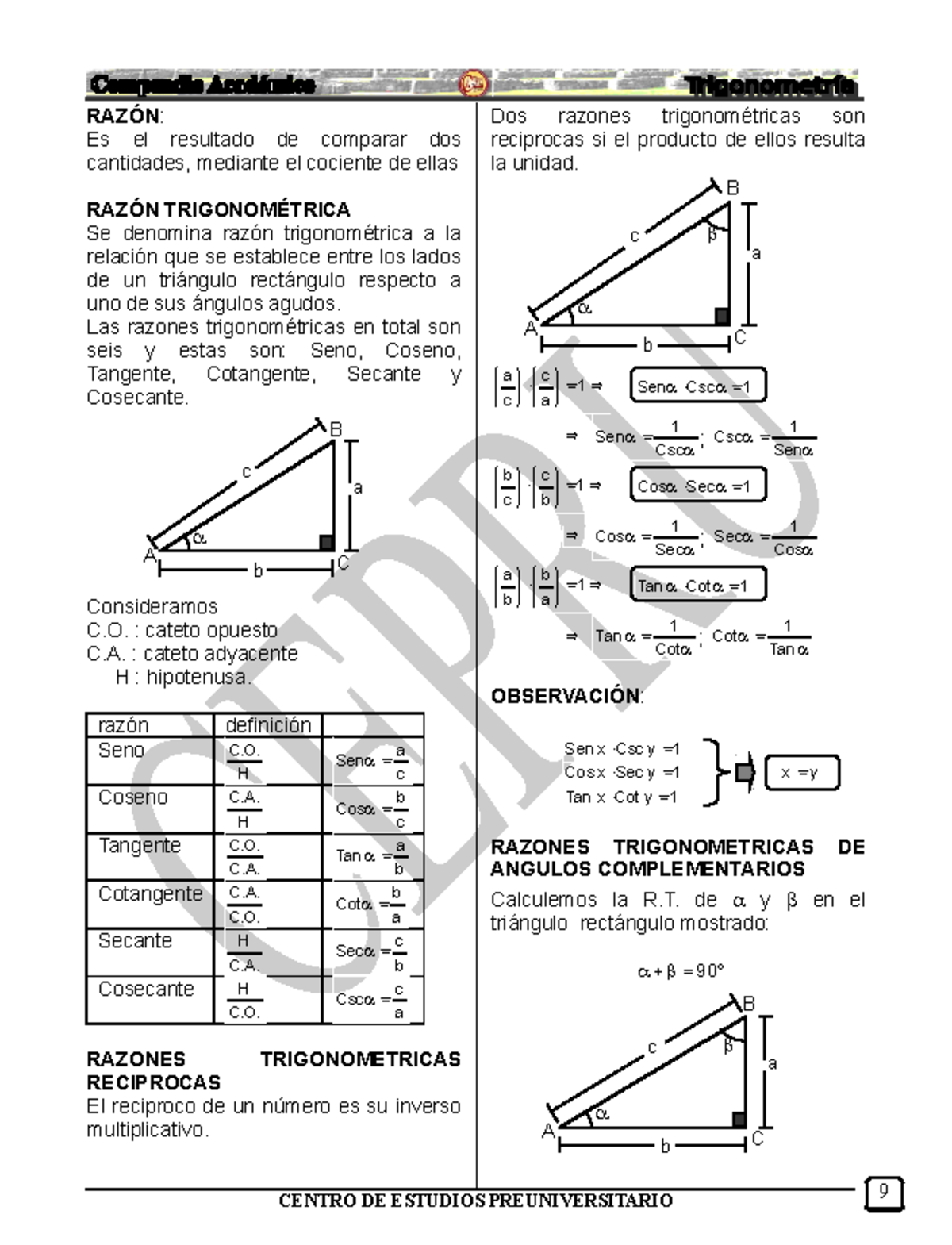C2 - Cursos de trigonometria CEPRU - 9 RAZÓN: Es el resultado de ...