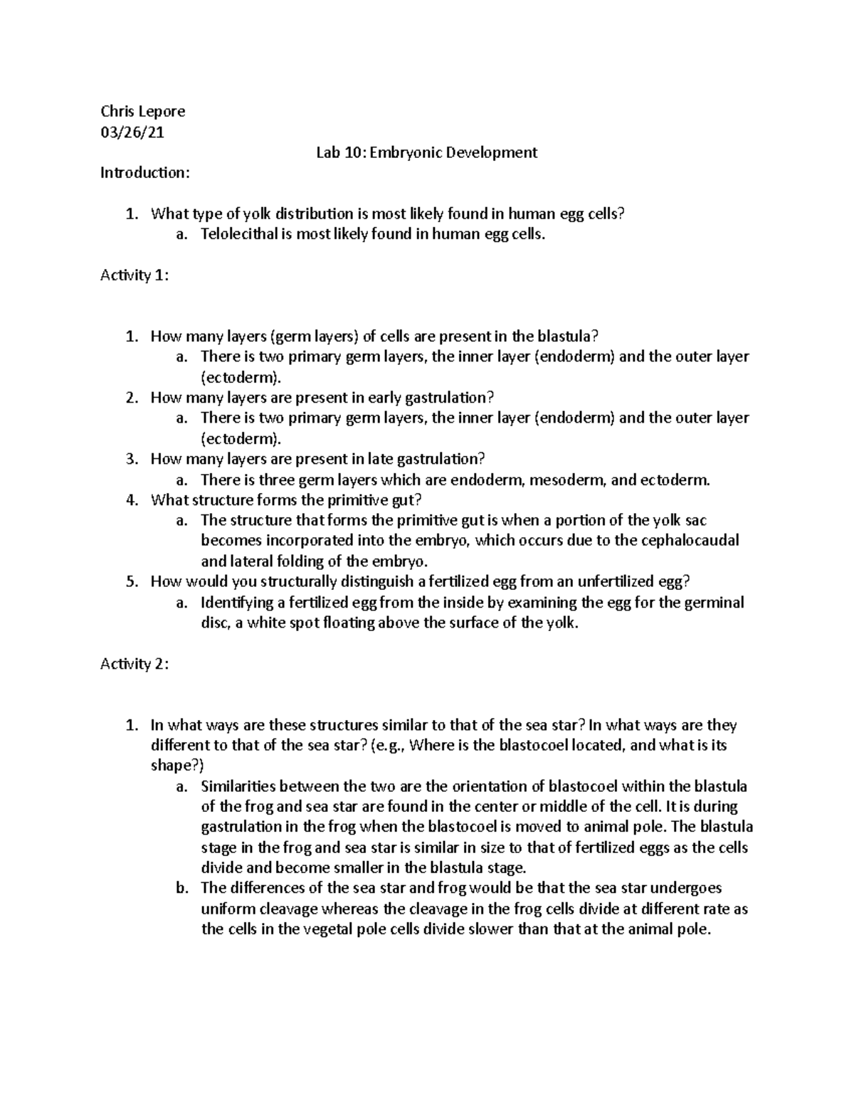 Lab10 - Biology 2 Lab 10 With answers - Chris Lepore 03/26/ Lab 10 ...