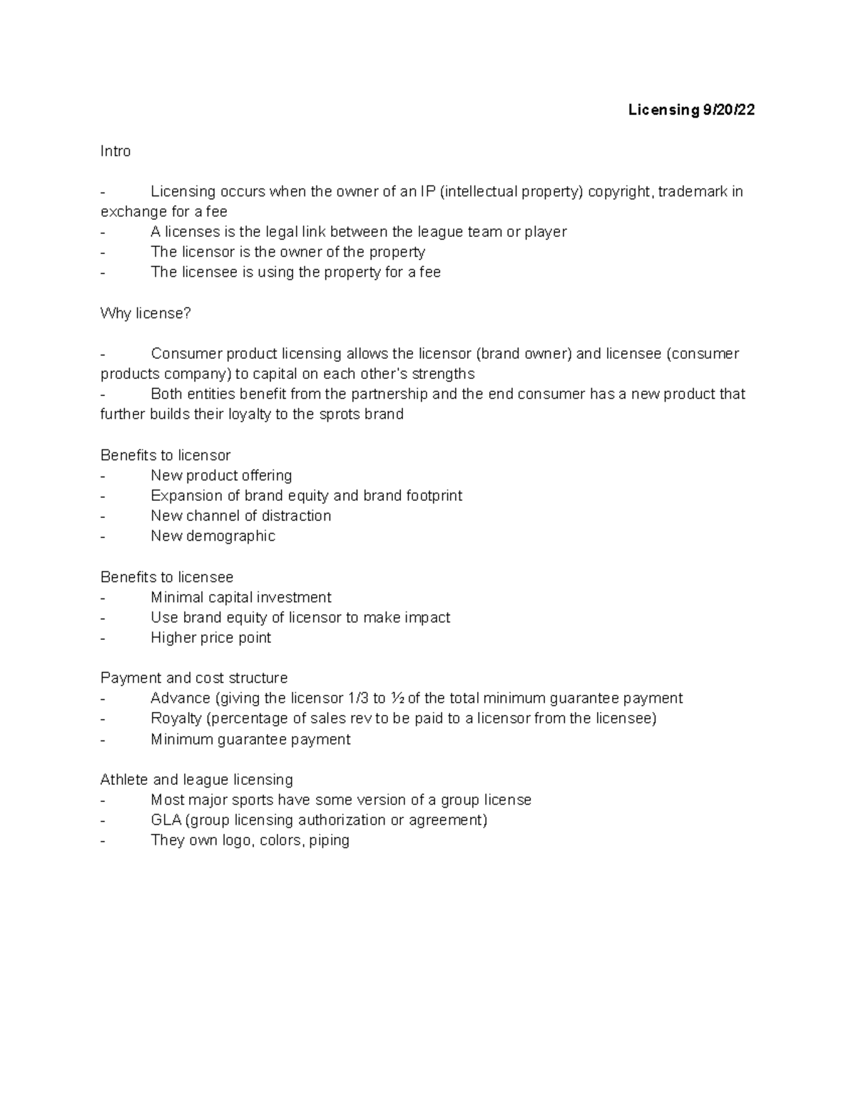 Sports marketing notes - Licensing 9/20/ Intro Licensing occurs when ...