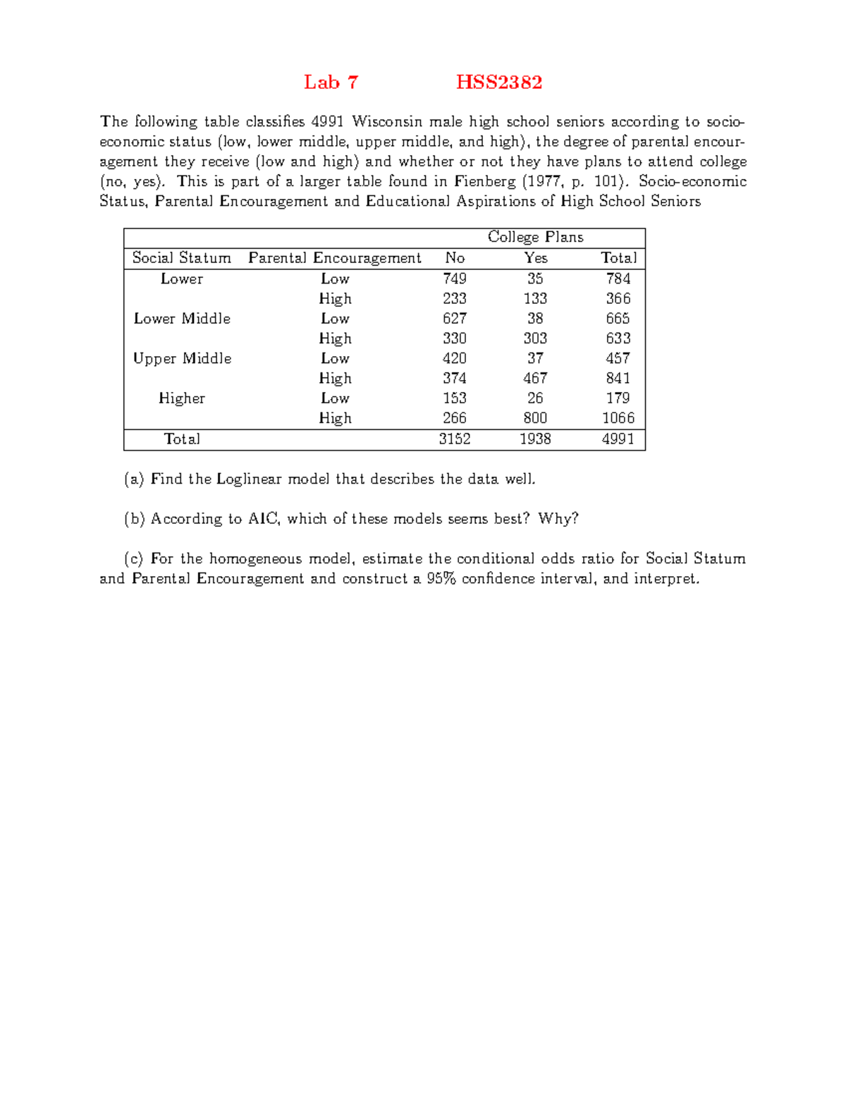 Lab 7 - assignments - Lab 7 HSS The following table classifies 4991 ...