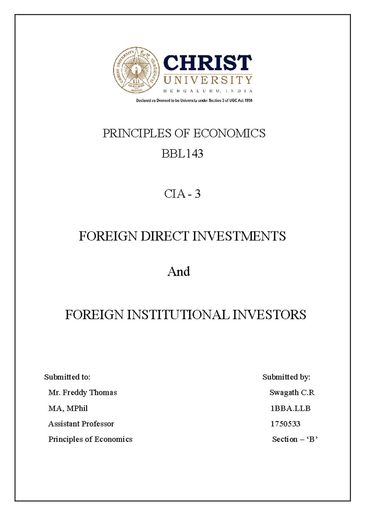 Continuous Internal Assessment - PRINCIPLES OF ECONOMICS BBL CIA - 3 ...