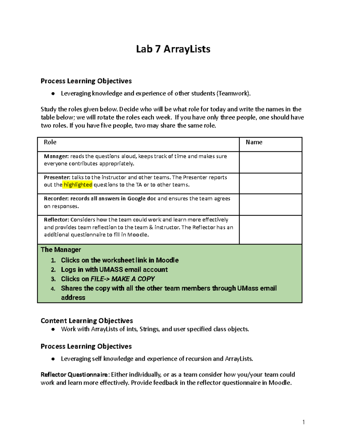 CS 121 - Lab 7 Array Lists Student - Lab 7 ArrayLists Process Learning Objectives Leveraging ...