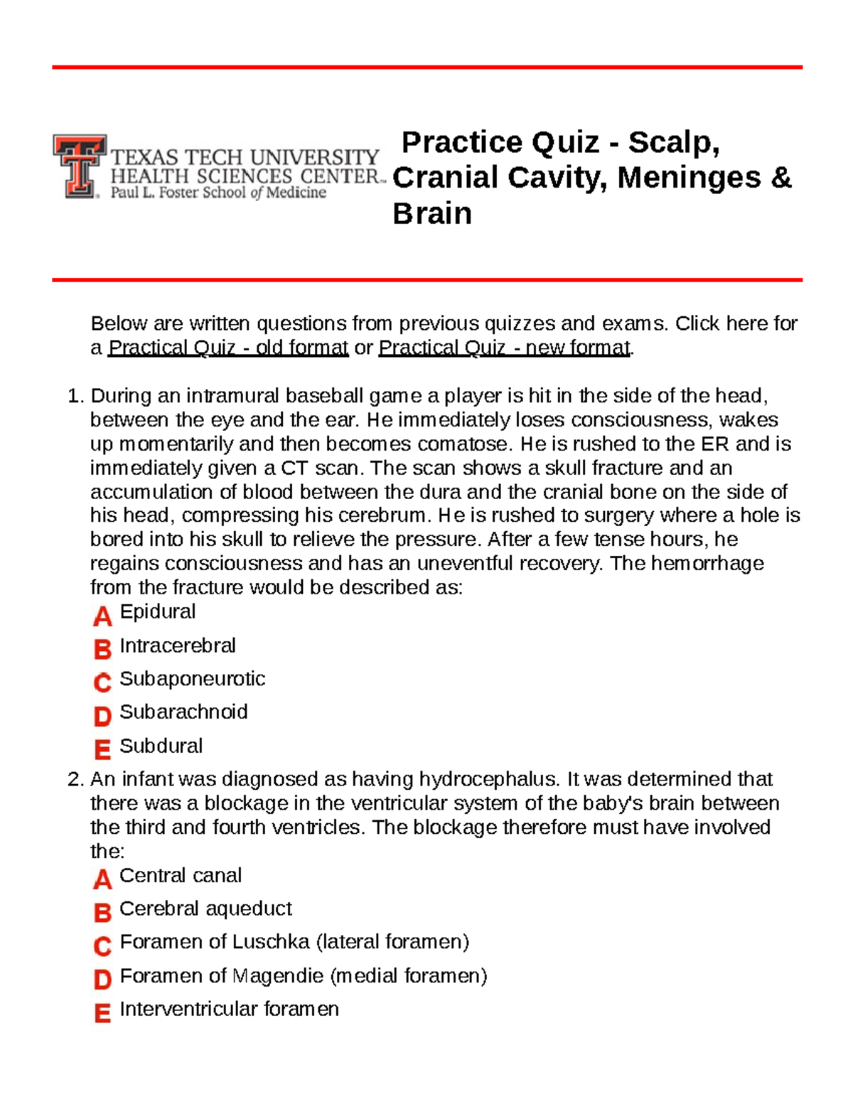 Practice Quiz - Scalp, Cranial Cavity, Meninges & Brain - Practice Quiz ...