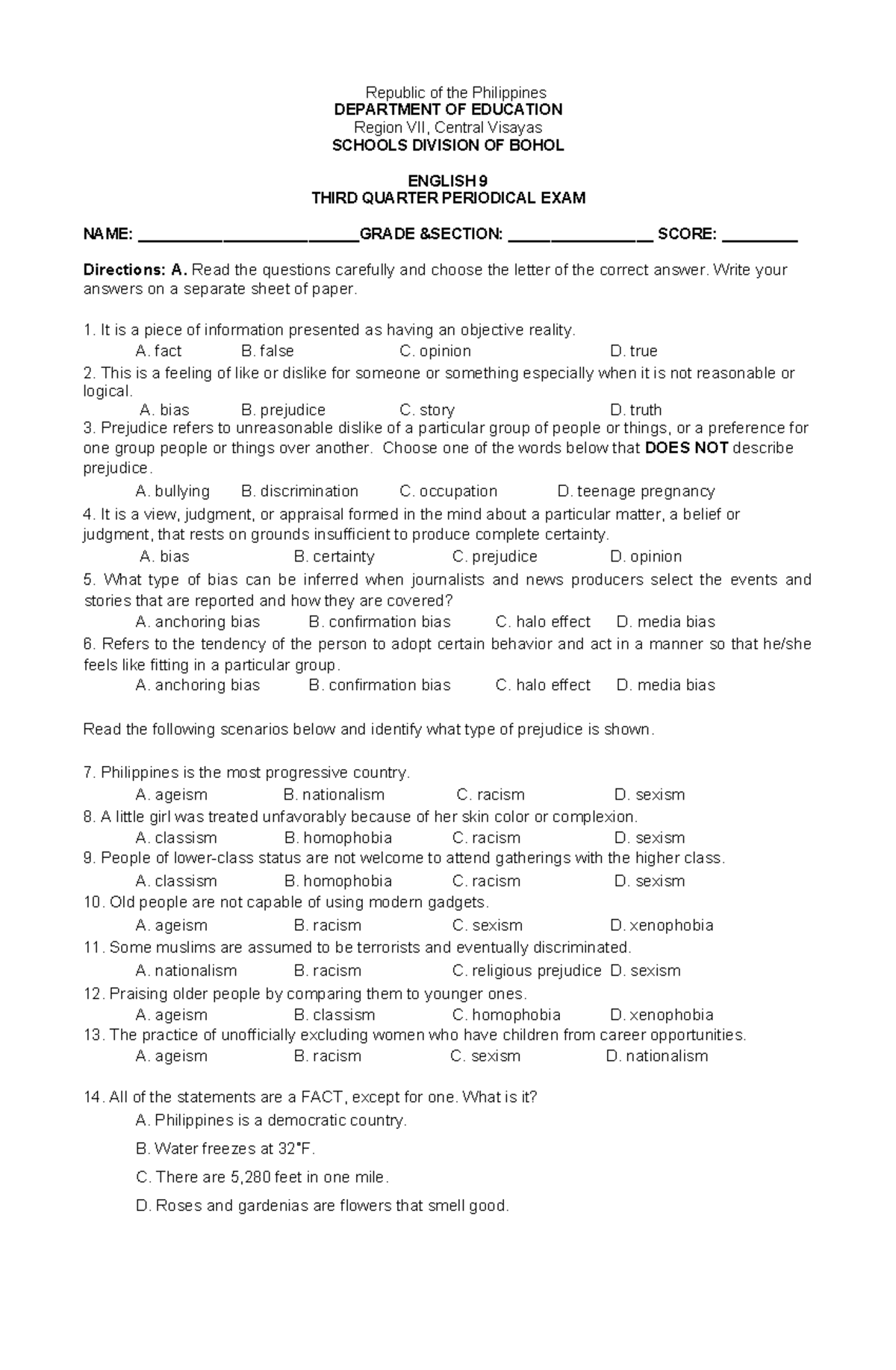 3rd Quarter Exam - Republic of the Philippines DEPARTMENT OF EDUCATION ...