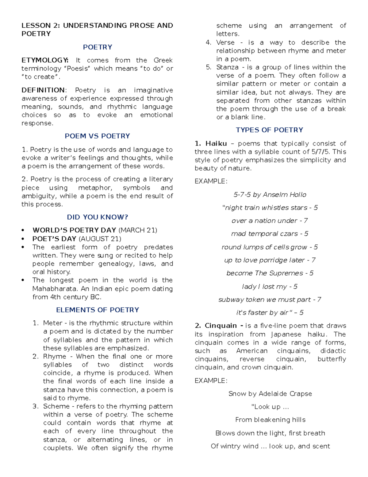 Lesson 2. Literature - FSAFSA - LESSON 2: UNDERSTANDING PROSE AND ...