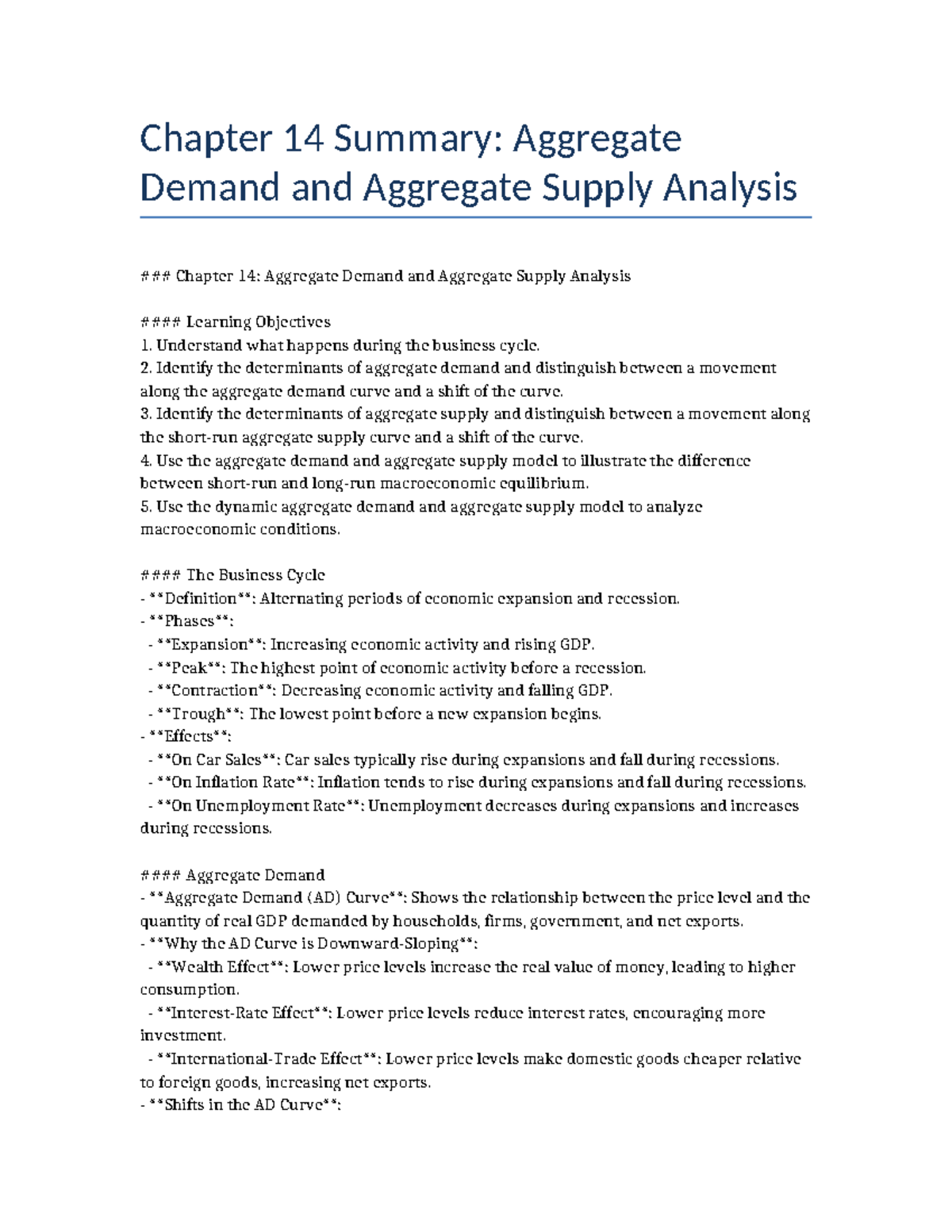 Chapter 14 Summary - Chapter 14 Summary: Aggregate Demand and Aggregate ...