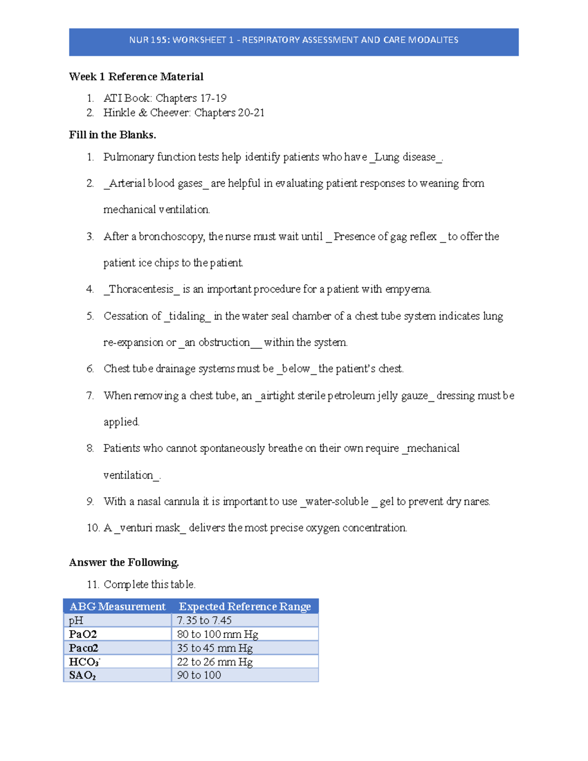 Worksheet 1 - respiratory assessment - Week 1 Reference Material ATI ...