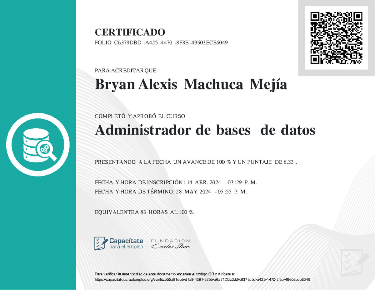 1G2-Bryan Machuca-Admin Base De Datos - CERTIFICADO FOLIO: C6378DBD ...