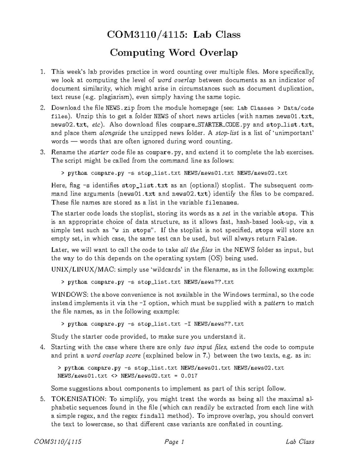 Lab2 - tutorial - COM3110/4115: Lab Class Computing Word Overlap This ...
