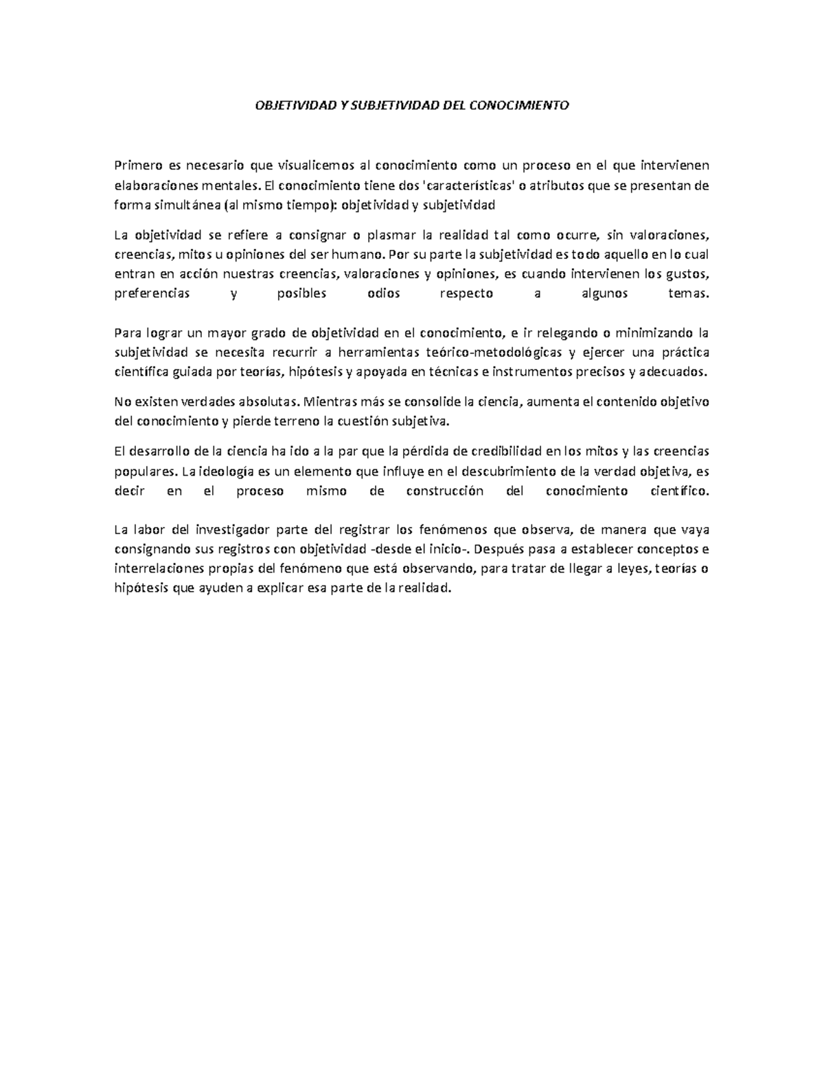 Objetividad Y Subjetividad DEL Conocimiento - OBJETIVIDAD Y ...