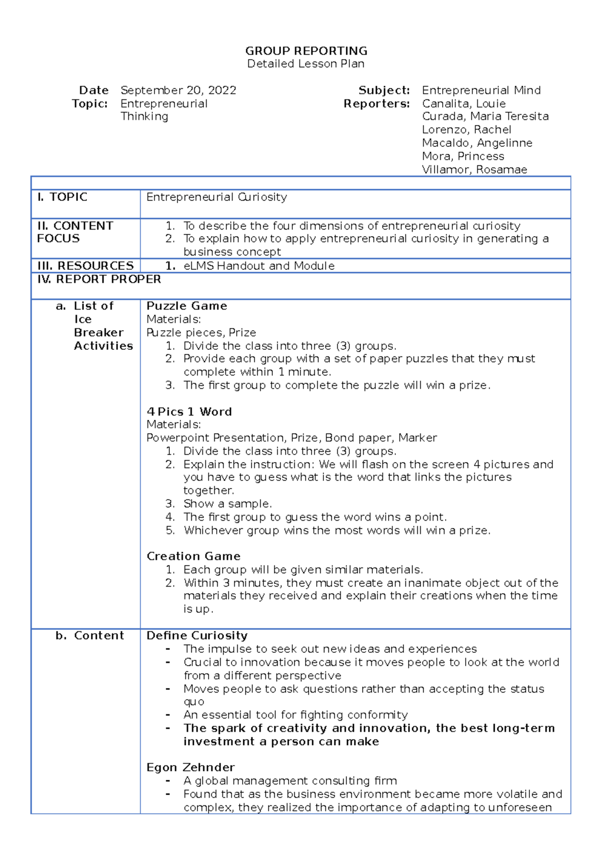 Lesson PLAN - Notes - GROUP REPORTING Detailed Lesson Plan Date ...