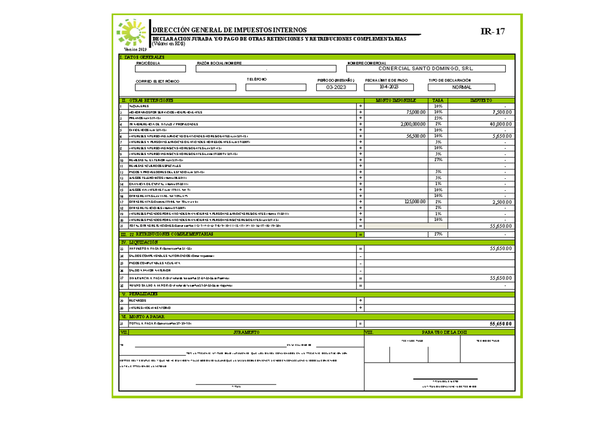 Impuesto sobre la renta IR-17 - DECLARACIÓN JURADA Y/O PAGO DE OTRAS ...