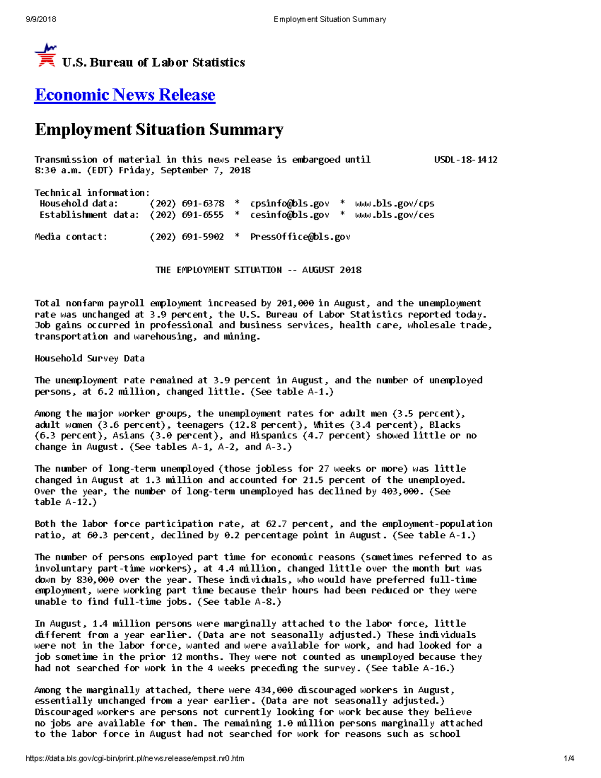 Employment Situation Summary - U. Bureau of Labor Statistics Economic ...