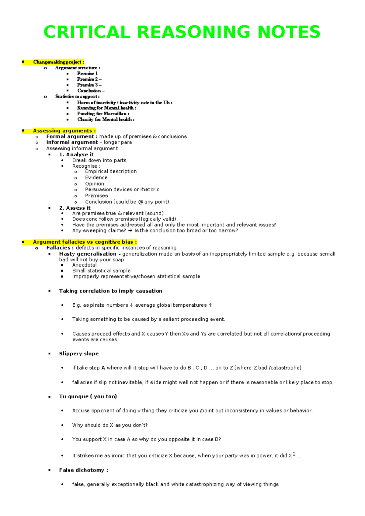 Critical reasoning notes - CRITICAL REASONING NOTES Changemaking ...