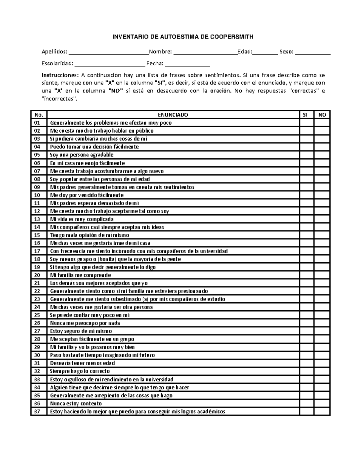 Inventario de Autoestima Coopersmith. Ficha Técnica - INVENTARIO DE ...