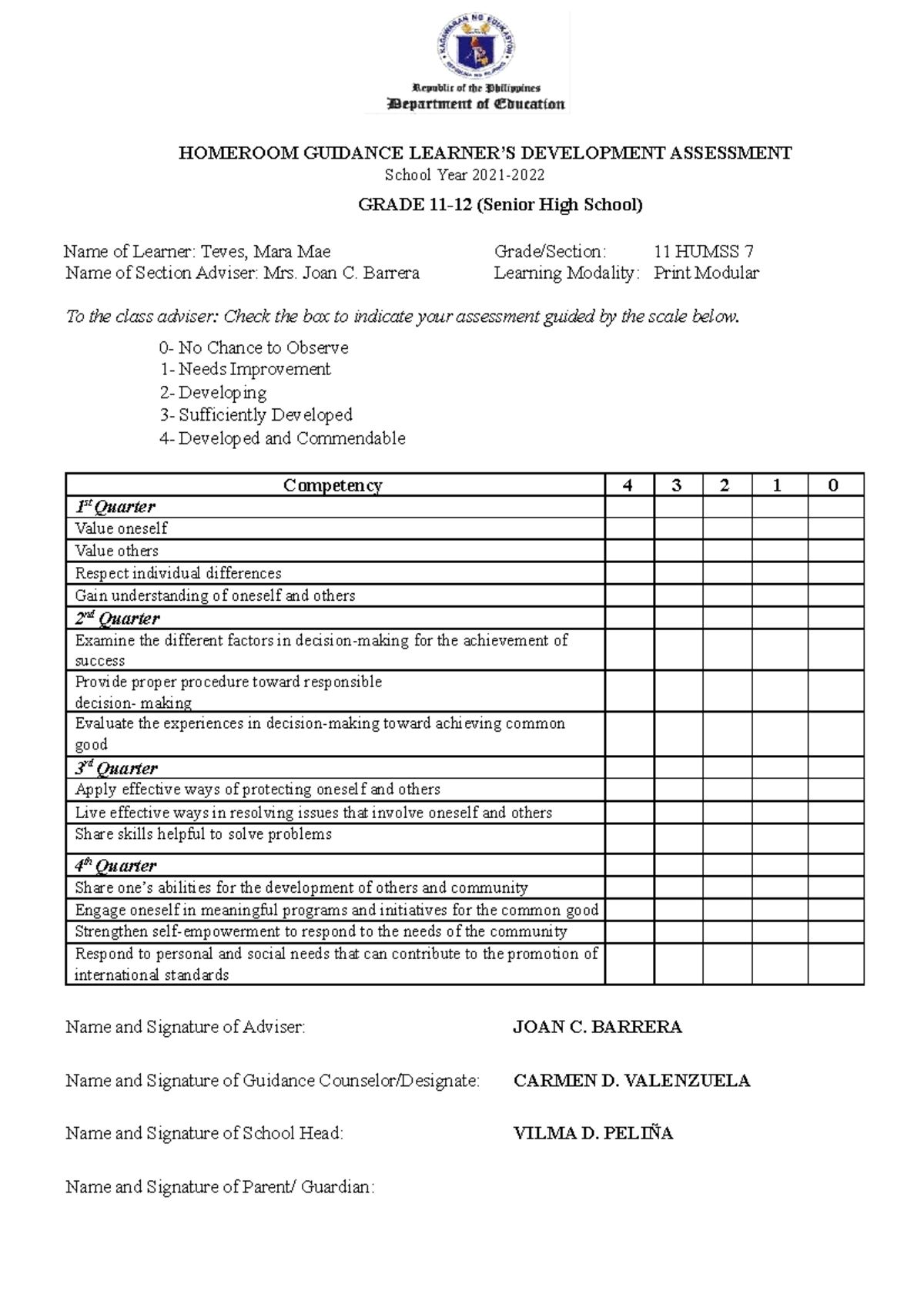 Homeroom Guidance Learners Development Assessment Grades 11 12 1 ...