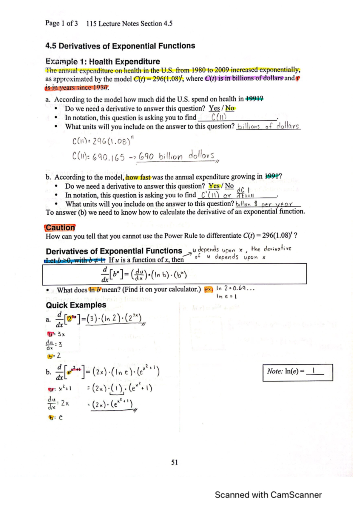 Math 115 Section 4 5 Derivative Of Exponential Functions Page 1 Of 3 115 Lecture Notes Section