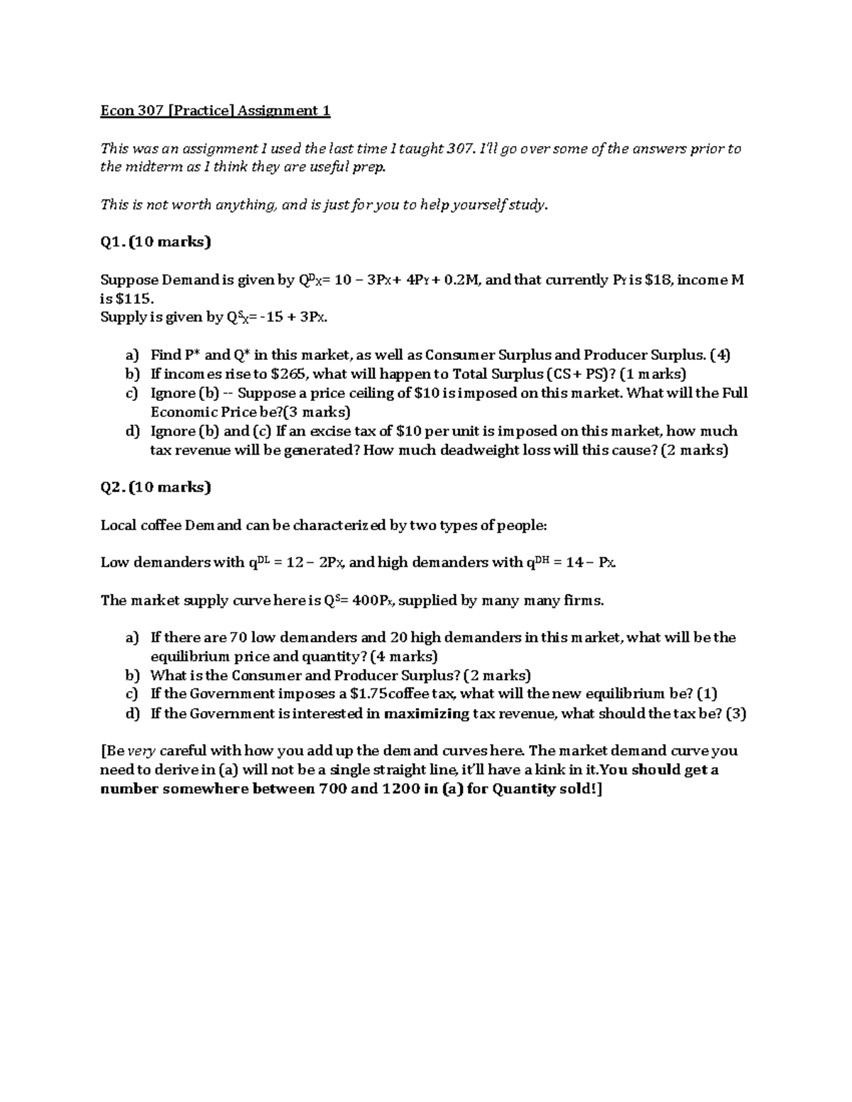Econ 307 Practice Assignment 1 For Cha2 4 Econ 307 [practice