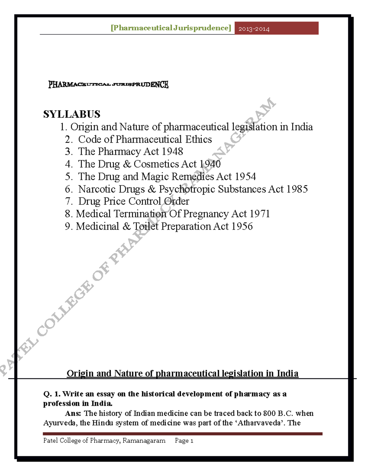 4- Pharmaceutical Jurisprudence Notes-1 - SYLLABUS 1. Origin and Nature ...
