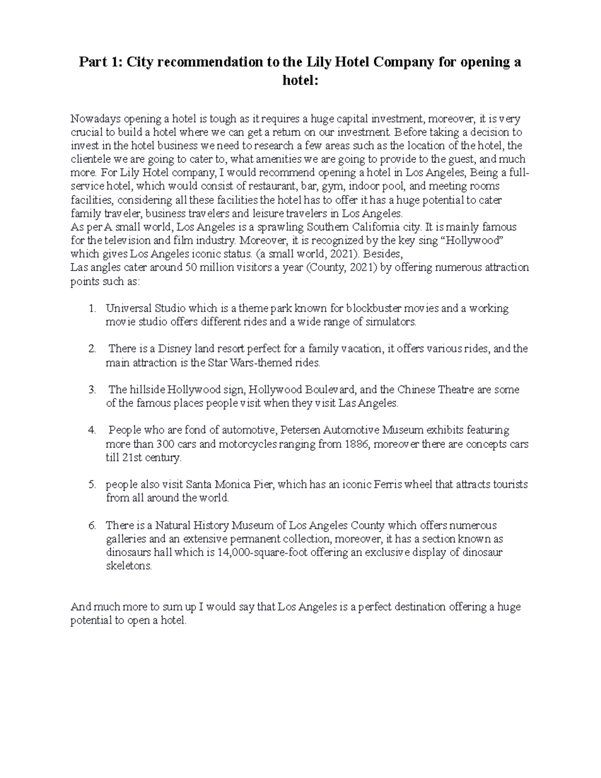 Assignment 1 - Part 1: City recommendation to the Lily Hotel Company ...