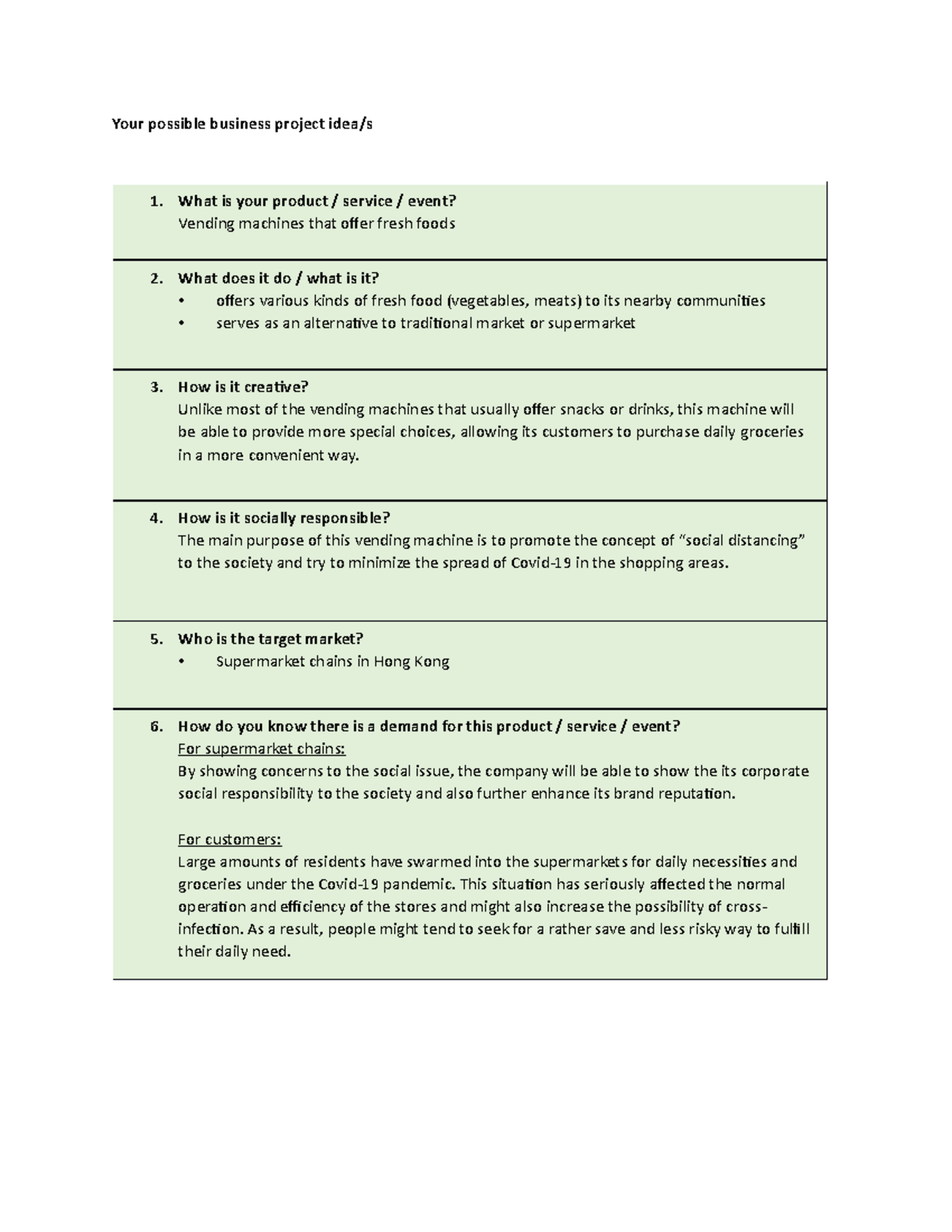 Student idea for project - Your possible business project idea/s 1 ...