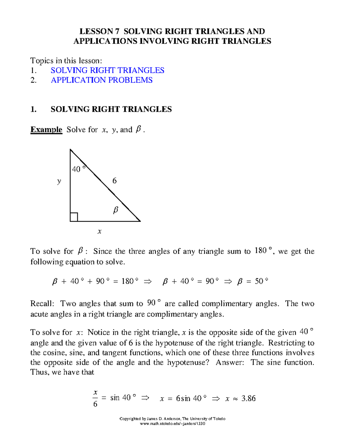 Lesson 7 Notes From Class LESSON 7 SOLVING RIGHT TRIANGLES AND 