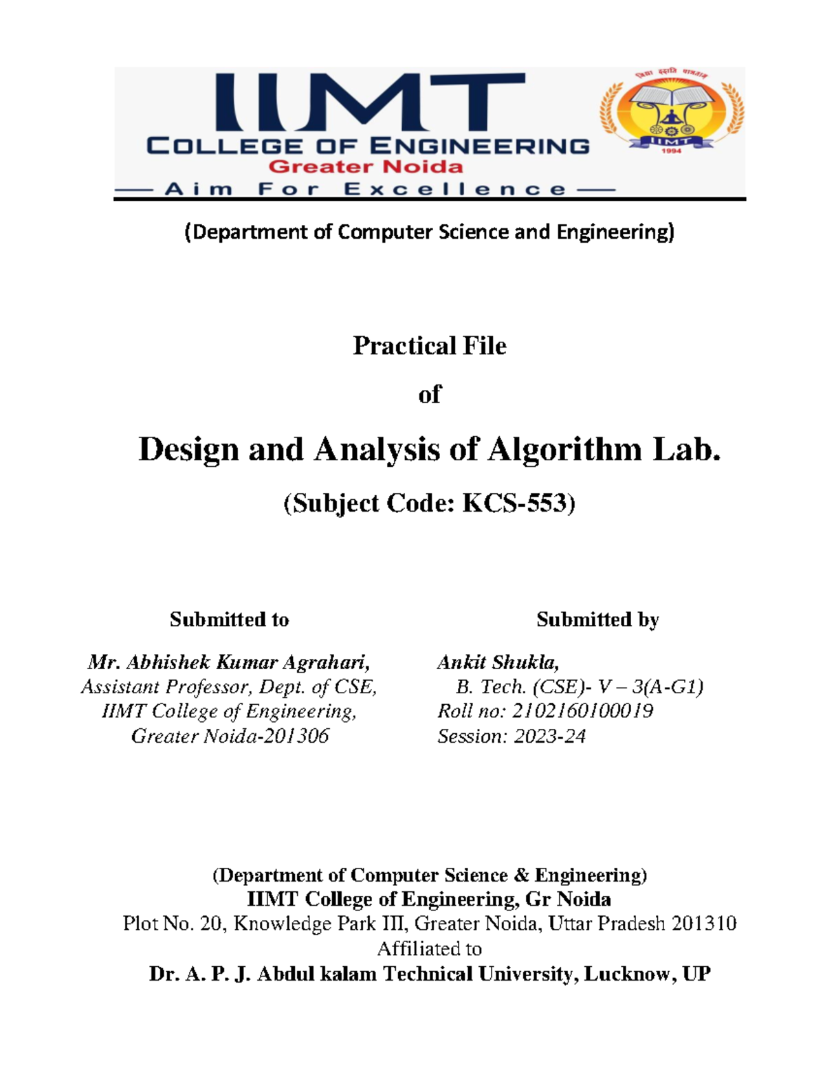 DAA LAB FILE ankit - Alakjssjj - (Department of Computer Science and ...