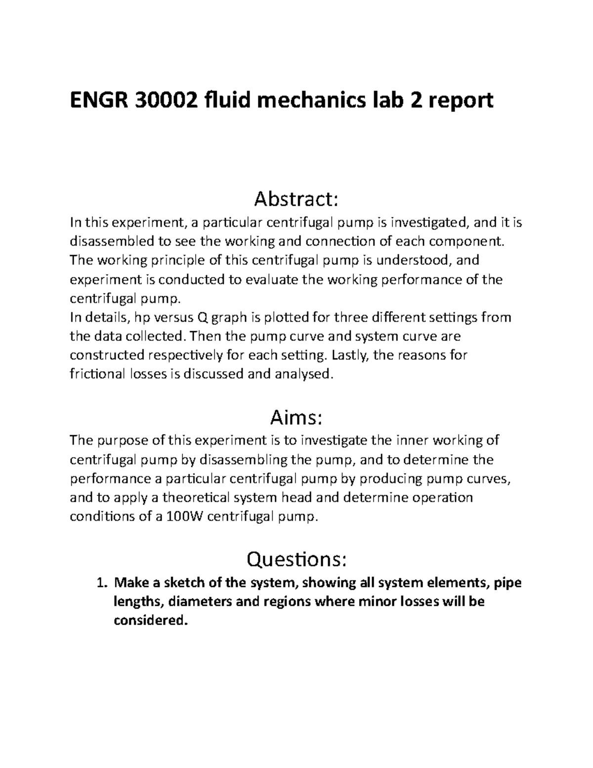 ENGR 30002 fluid mechanics lab 2 report - ENGR 30002 luid mechanics lab ...