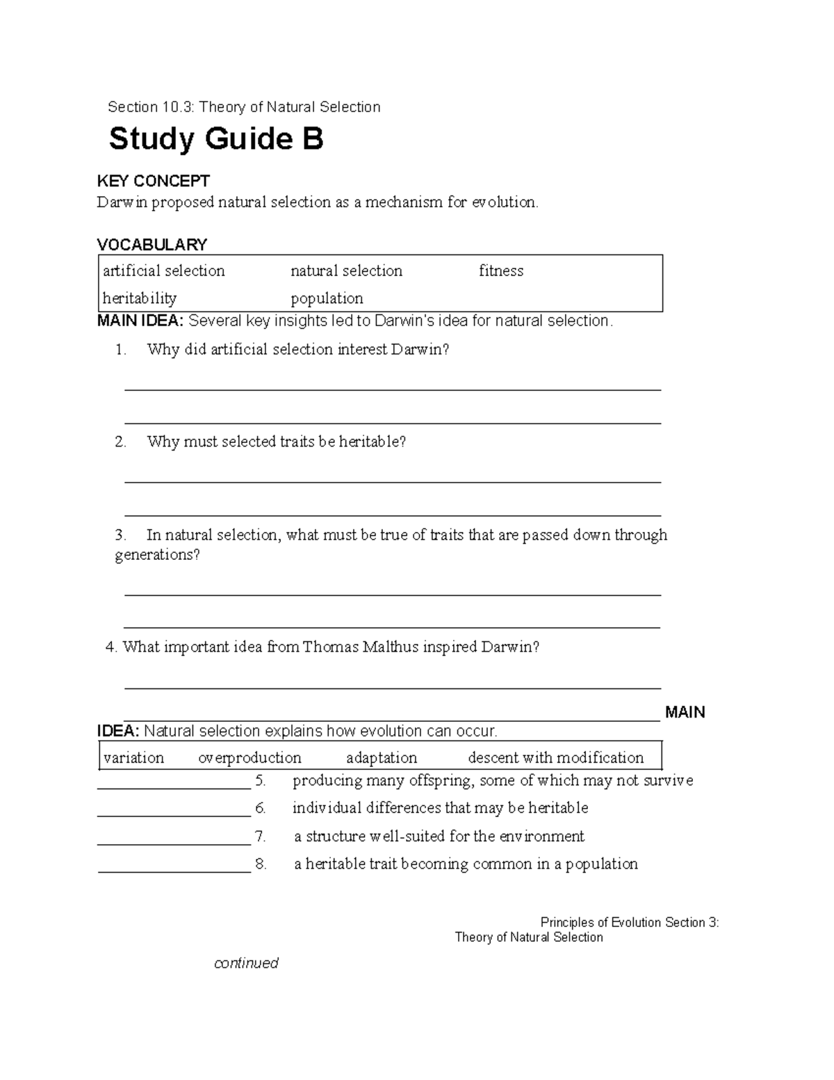 Chapter 10.3 Study Guide - Section 10: Theory of Natural Selection ...
