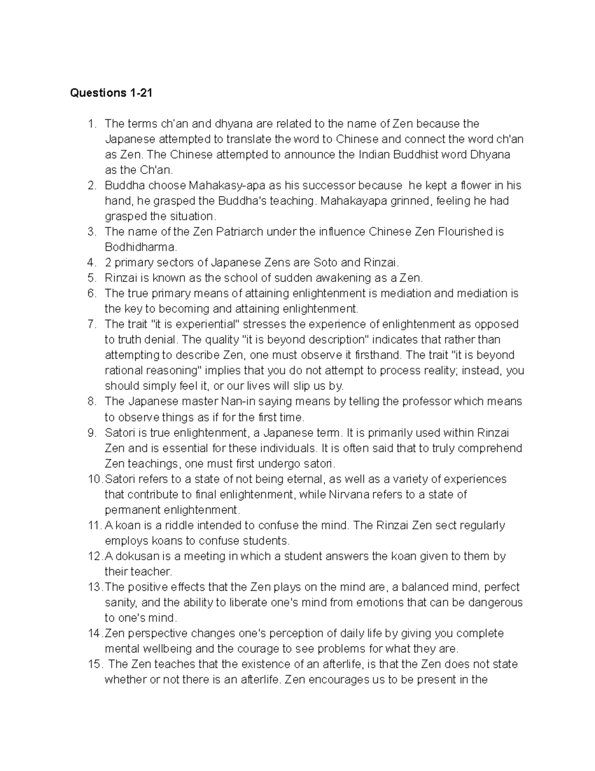 Chapter 9 Zen Buddhism Review Questions p. 174 - Questions 1- The terms ...