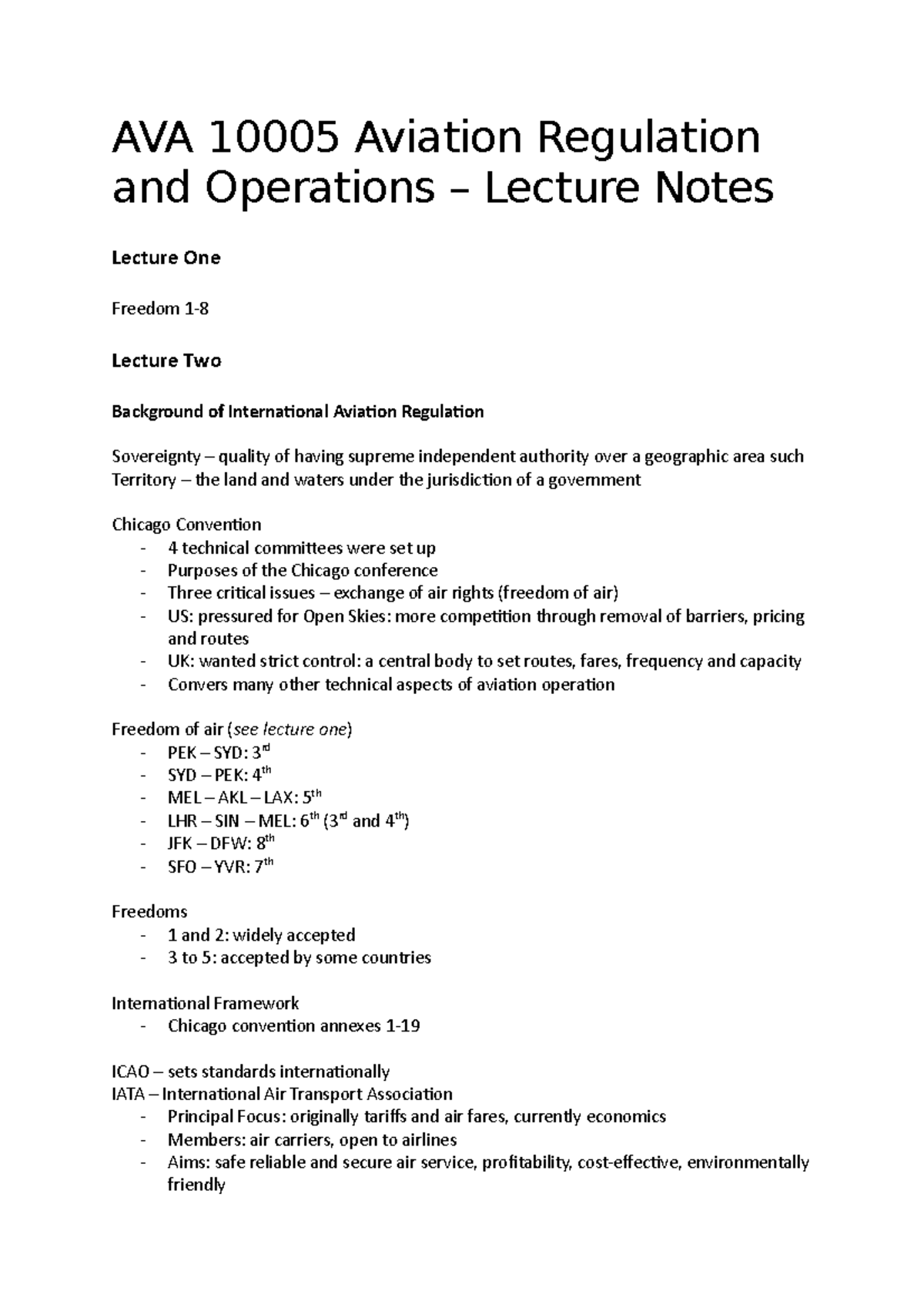 AVA10005 Lecture Notes - AVA 10005 Aviation Regulation and Operations ...