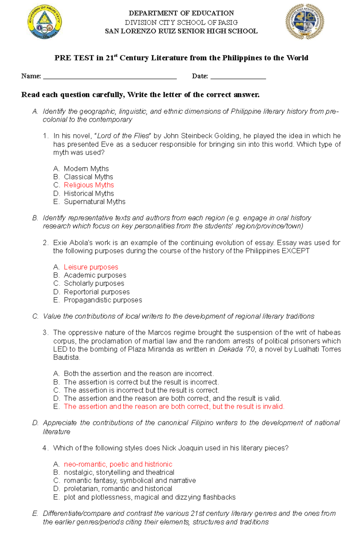 Pre-test-world-literature - DEPARTMENT OF EDUCATION DIVISION CITY ...