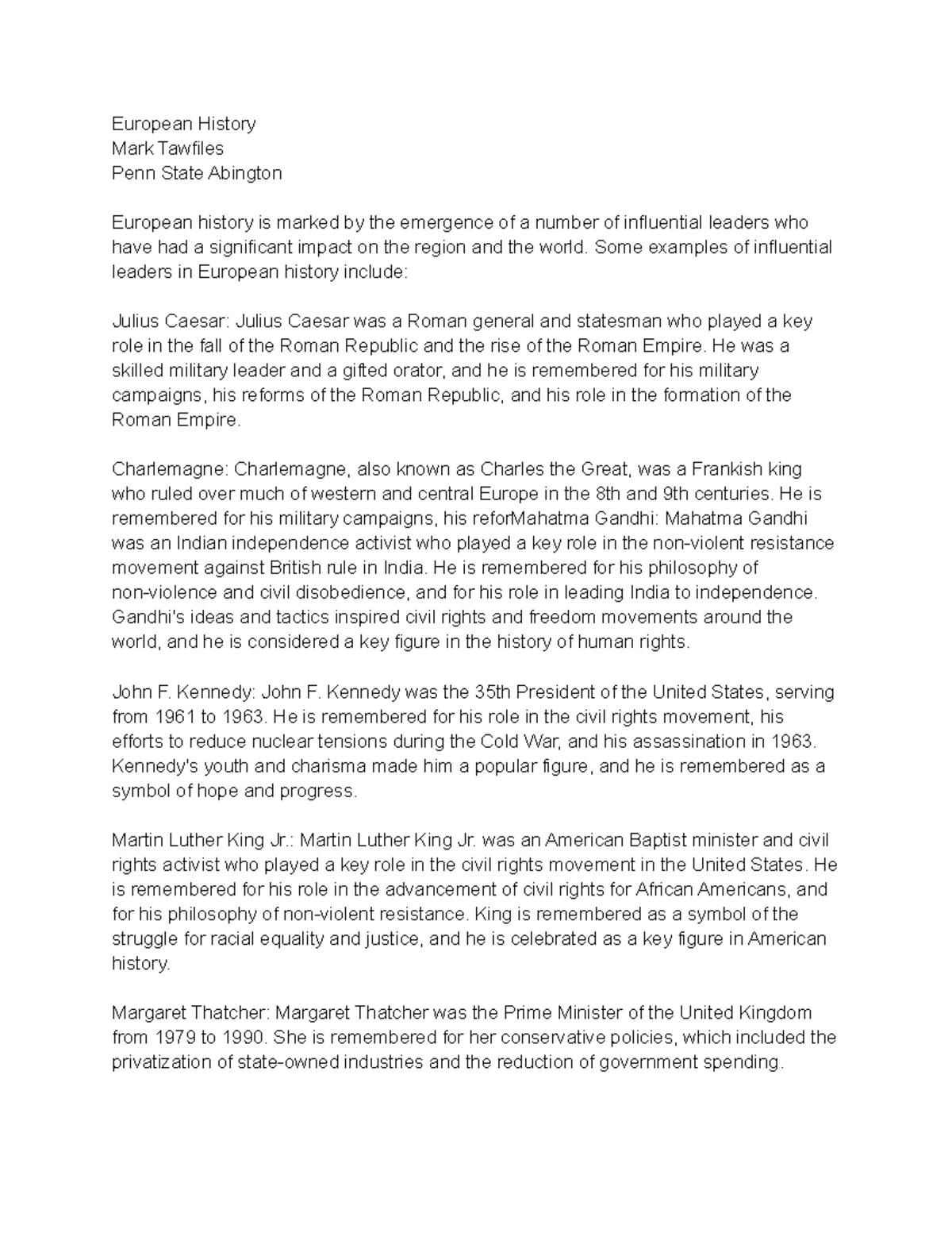 European History Notes - European History Mark Tawfiles Penn State ...