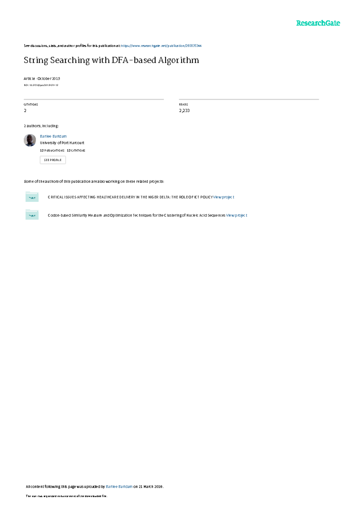 String Searching with DFA-based Algorithm - See discussions, stats, and author profiles for this ...