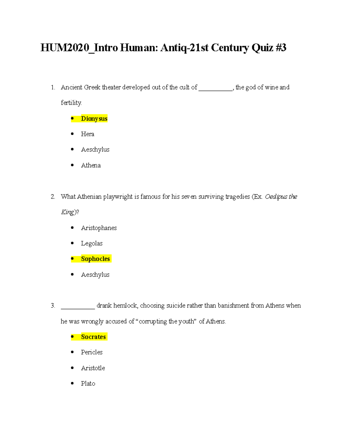 HUM2020 Intro Human- Antiq-21st Century Quiz #3 - HUM2020_Intro Human ...