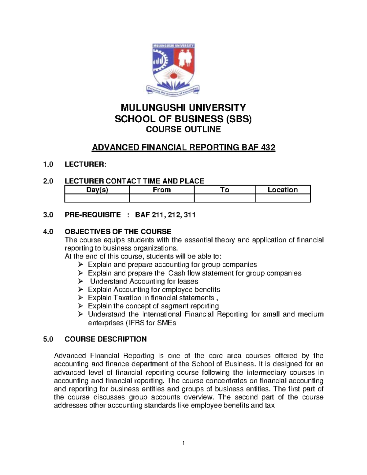 BAF 432 course outline - Advanced financial reporting mulungushi ...