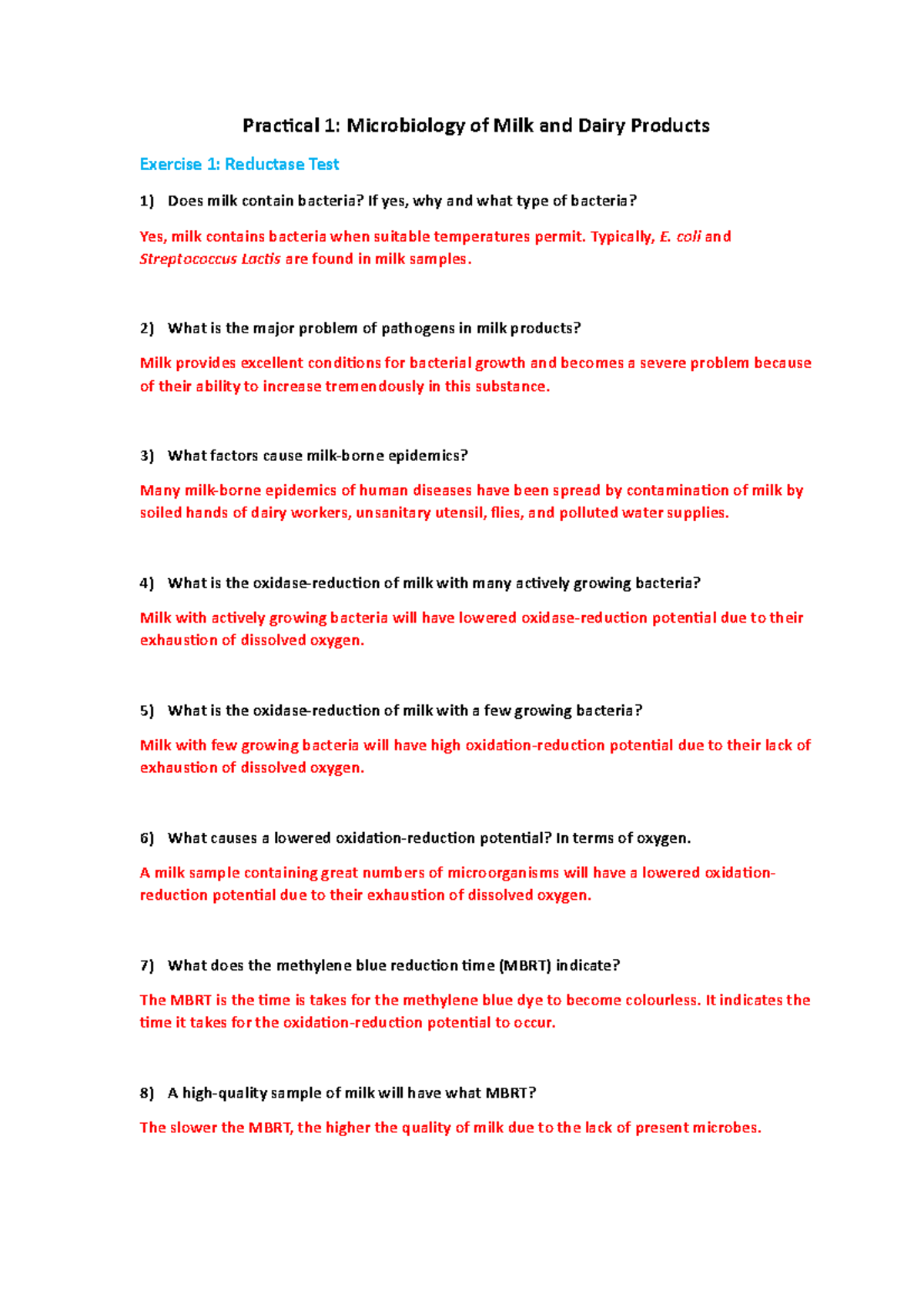 Food Micro Lab Quiz 1 - notes - Practical 1: Microbiology of Milk and ...