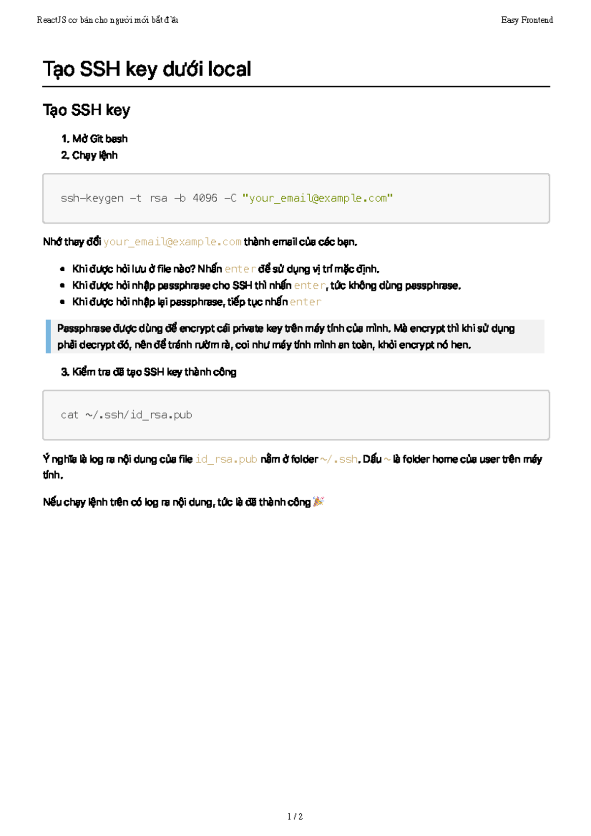 Reactjs 08 Generating Ssh Reactjs Cơ Bản Cho Người Mới Bắt đầu Easy Frontend 1 2 Tạo Ssh Key