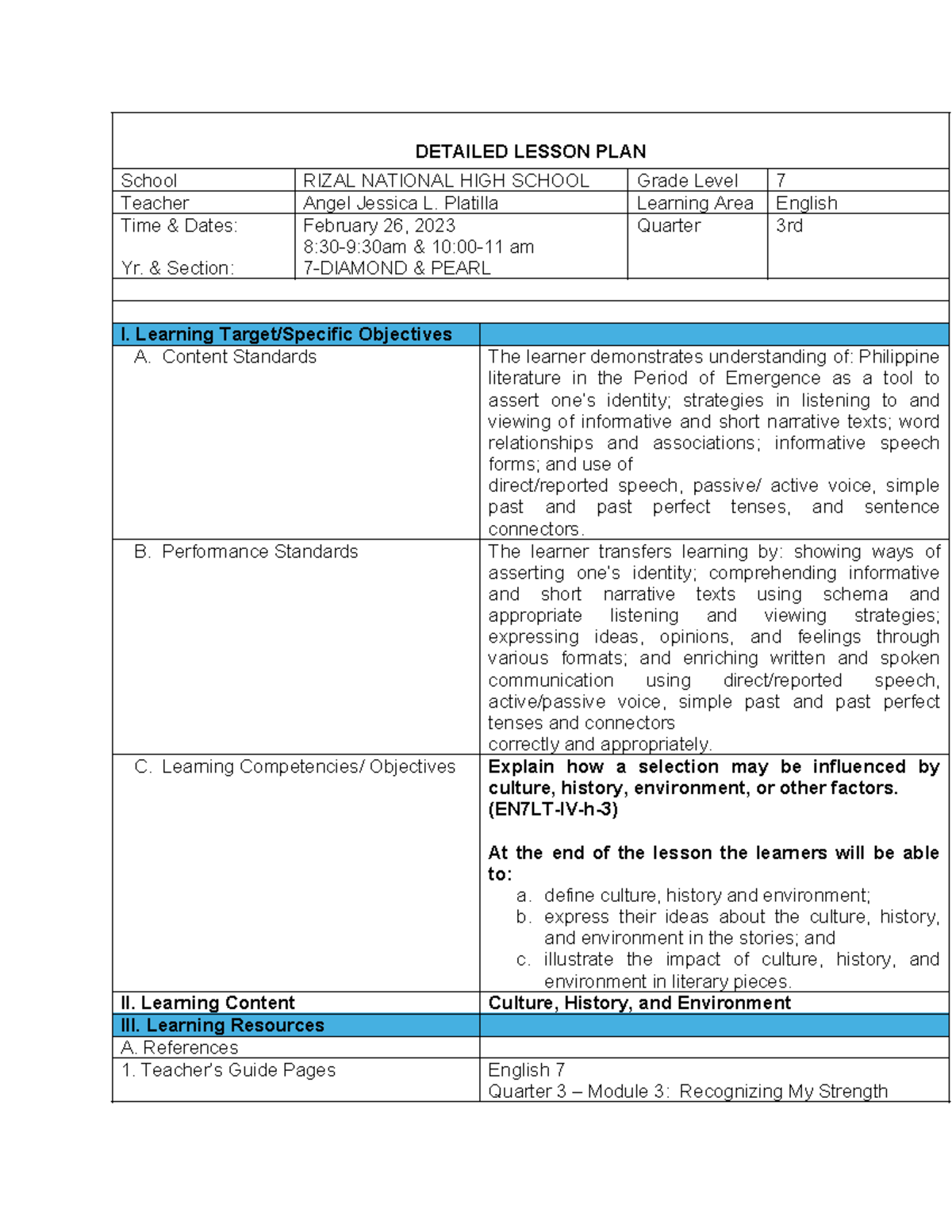 Detailed Lesson PLAN - DETAILED LESSON PLAN School RIZAL NATIONAL HIGH ...