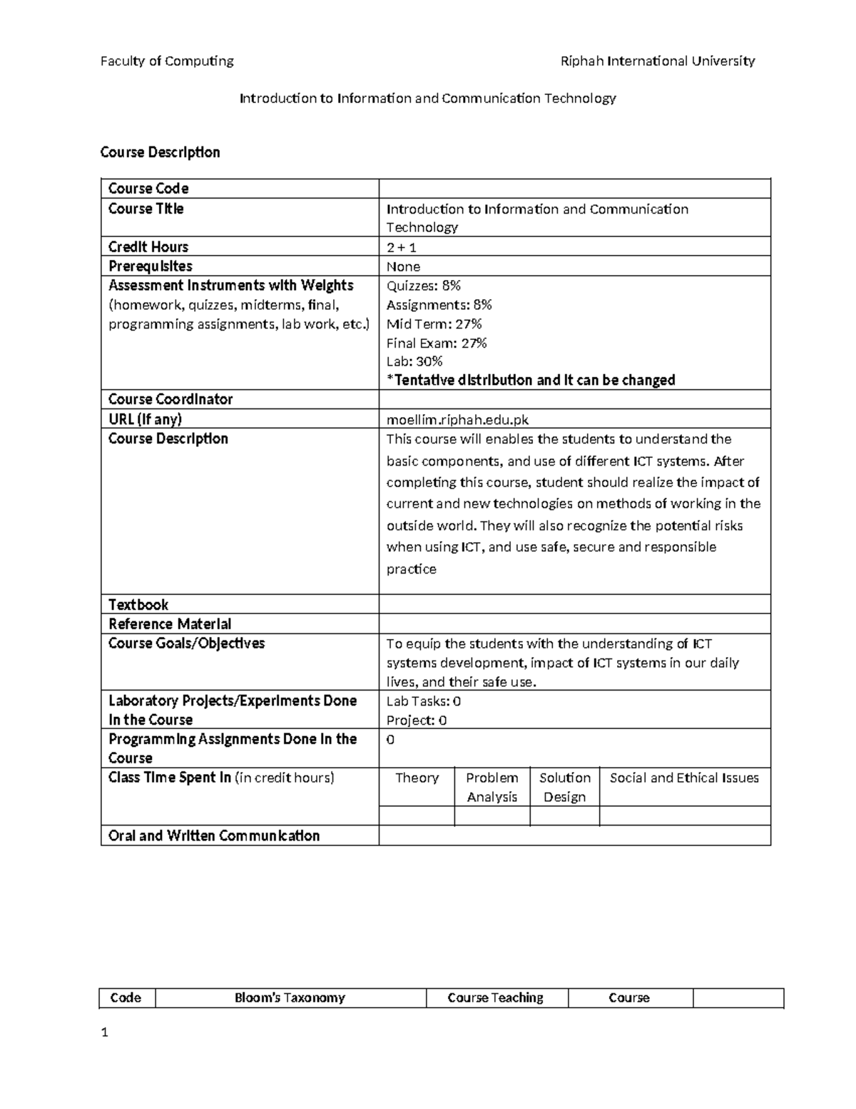 ICT Course Plan v1 - wfjoposj - Introduction to Information and ...