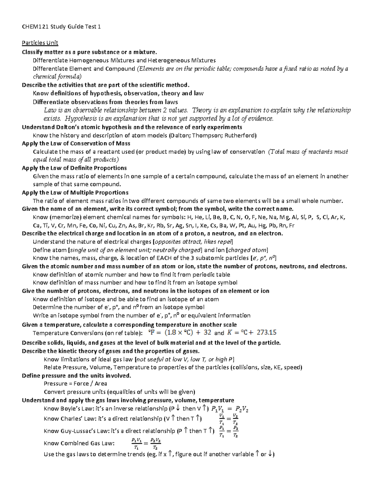 Test 1 Study Guide - chem 121 dr little - CHEM121 Study Guide Test 1 ...